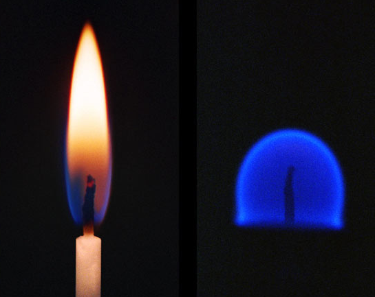 Candles in space burn with a spherical, nearly invisible blue flame ...