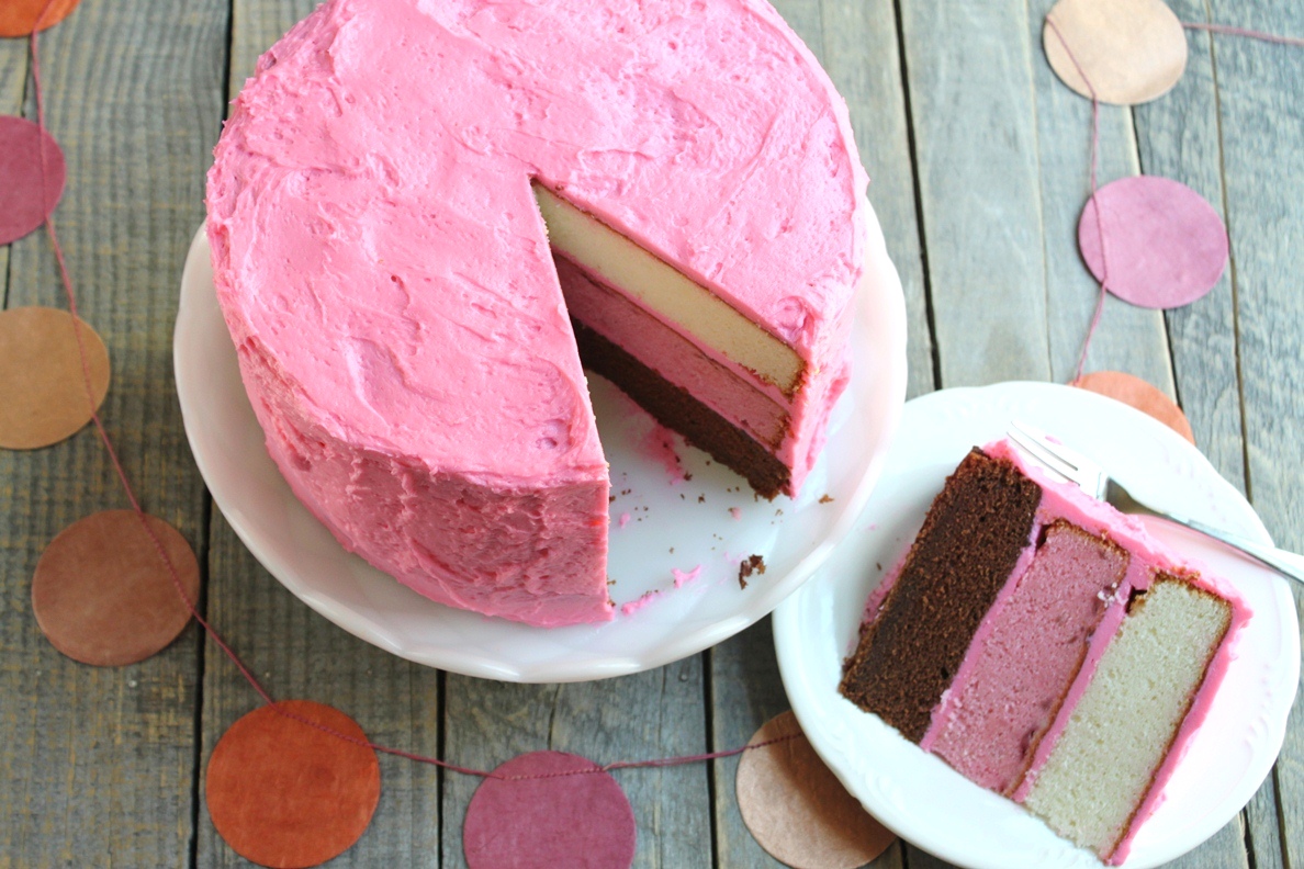A Teaspoon and A Pinch: Neapolitan Cake with the Best Whipped Frosting