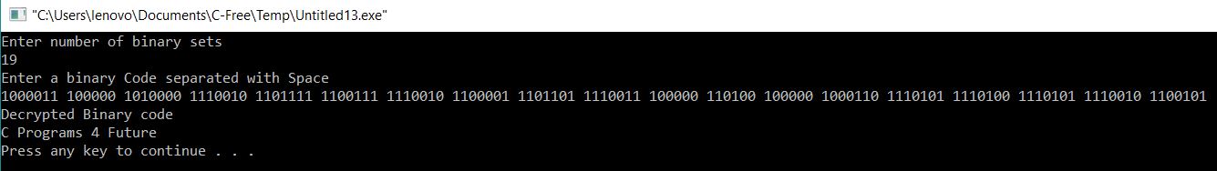 All C Programs: Program 224:Decryption of Binary Code using C
