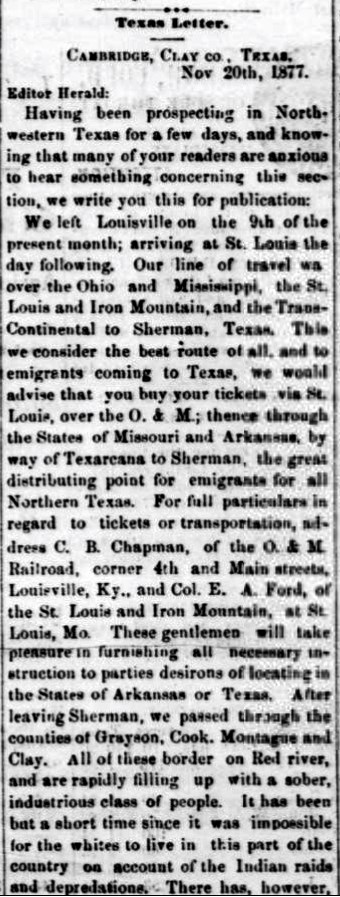 Ohio County, Kentucky History: Letter from Texas