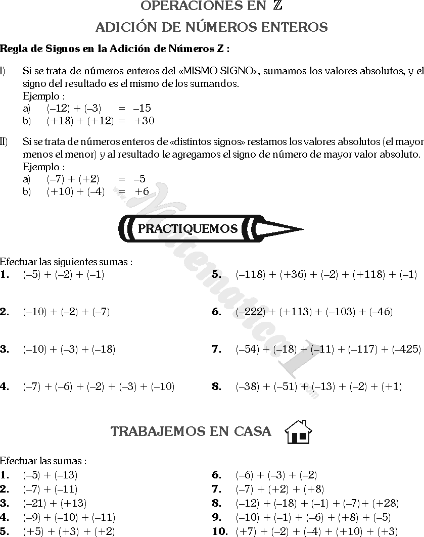 OPERACIONES CON NÚMEROS ENTEROS EJEMPLOS EJERCICIOS DE MATEMÁTICA DE ...