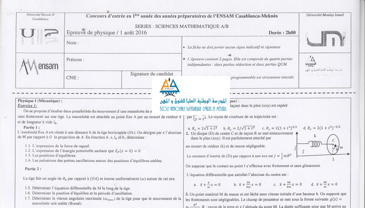 Exemples Concours Ensam 2021