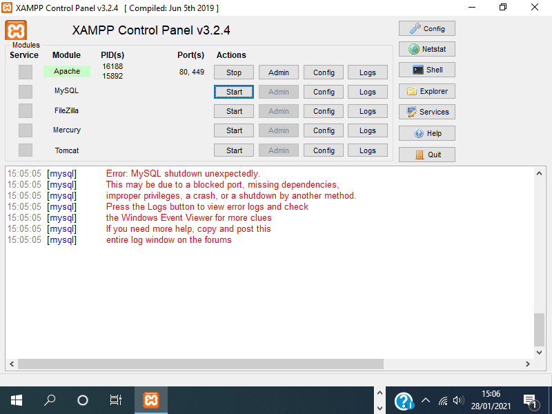 Problema di avvio in Xampp di MySQL