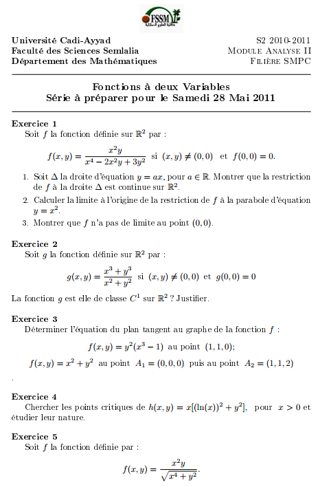 Fonctions à deux Variables exercices corrigés smpc s2 | SMC