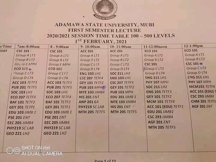 ADSU Lecture Timetable for 1st Semester 2020/2021
