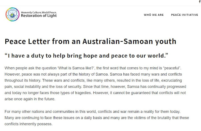 [HWPL] HWPL's Peace Letter - A Letter by an Australian-Samoan Youth: "I ...