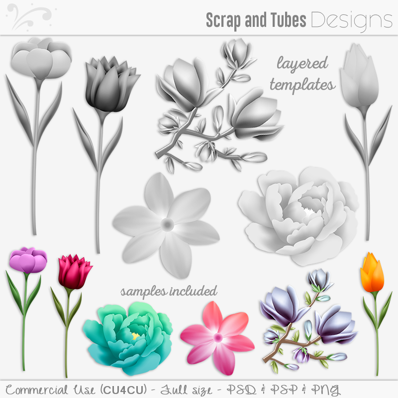 NEW RELEASE > Grayscale Flower Templates | Scrap and Tubes Designs