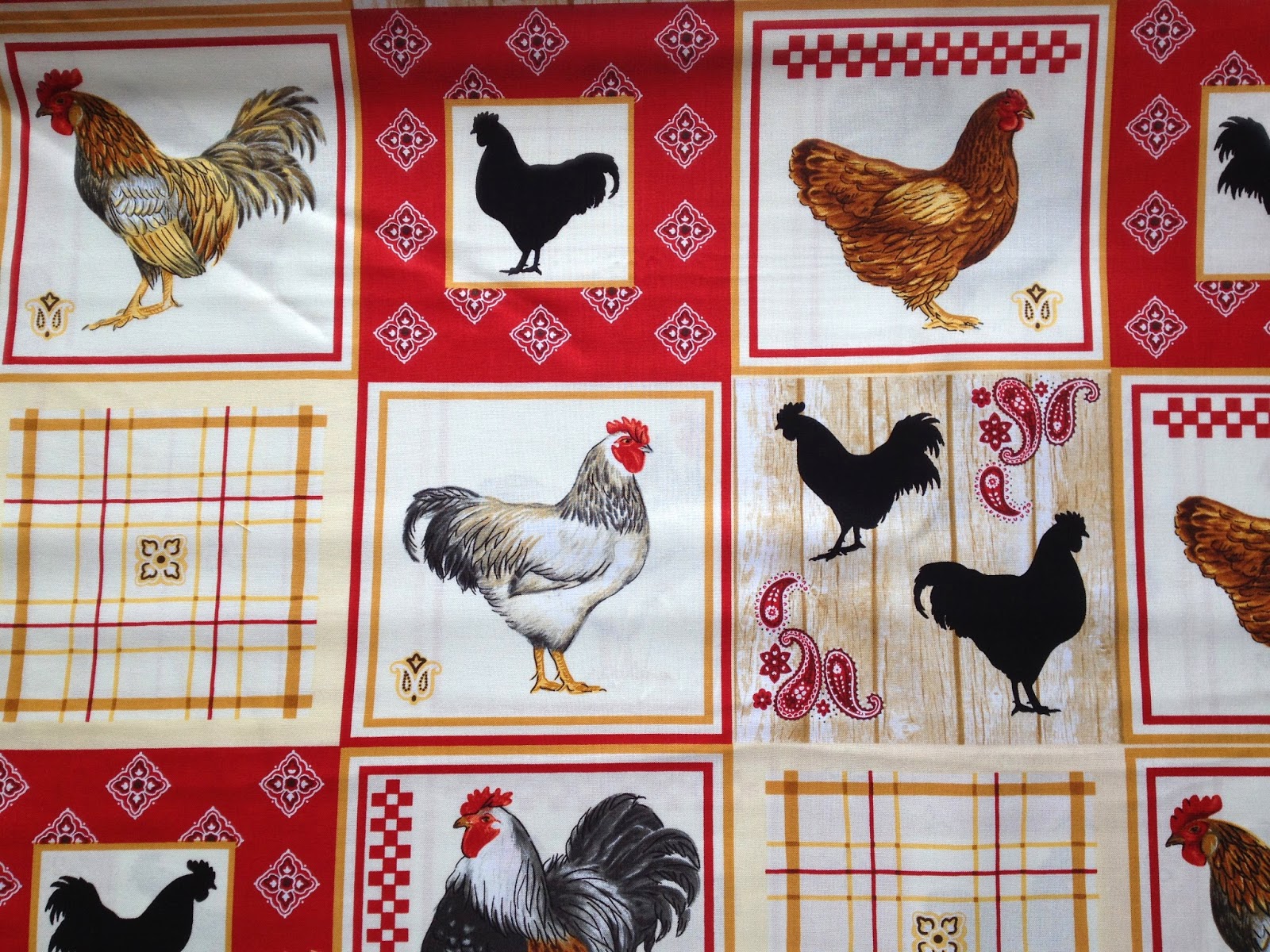 Flowers in the Window: Farmyard Chickens Patchwork Fabric