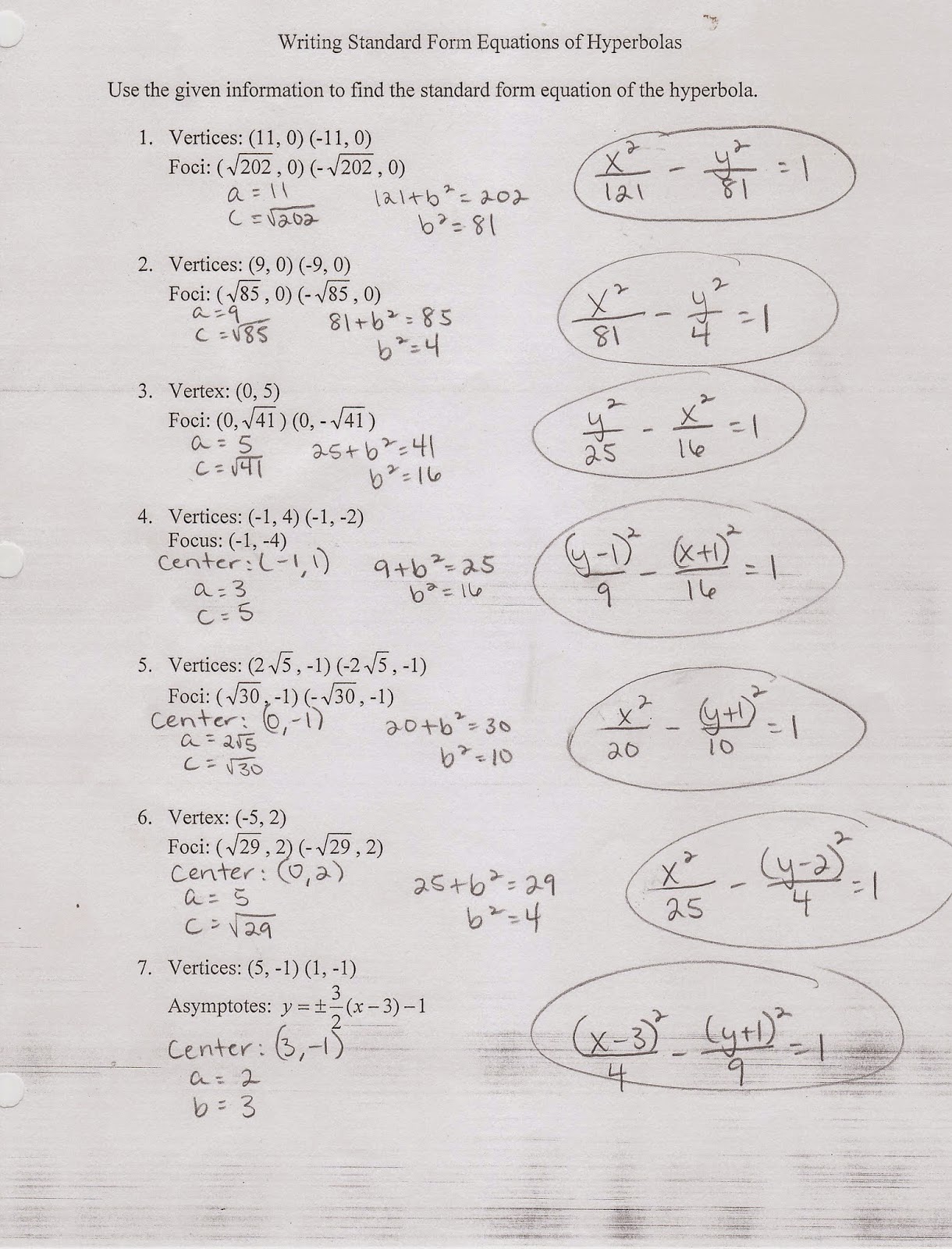 Accelerated Pre-Calculus: Hyperbolas Review Answers