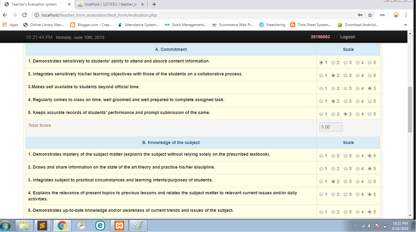 Teacher Evaluation System Using PHP+Mysqli