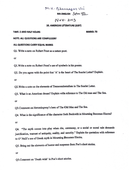 American Literature M.A English MKBU Nov 2013 Question Paper ...