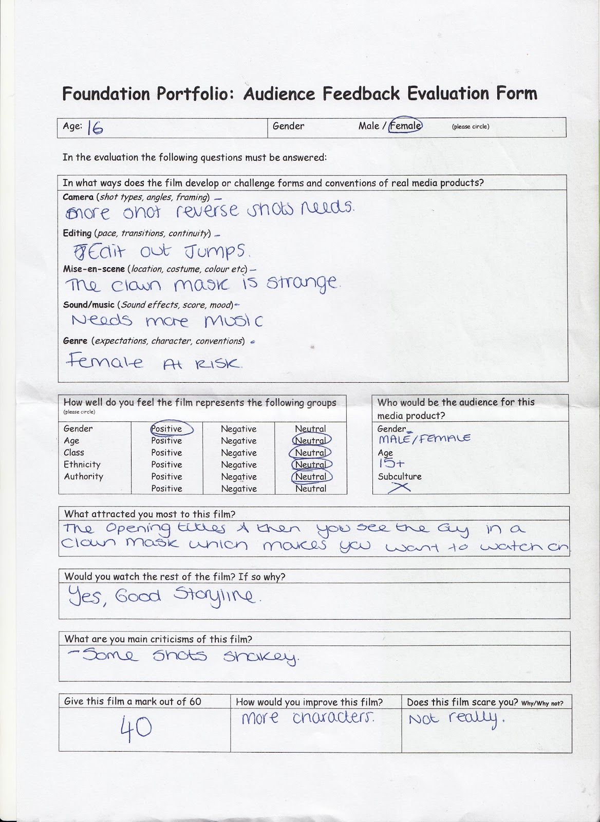 Foundation Portfolio: Audience Feedback sheets