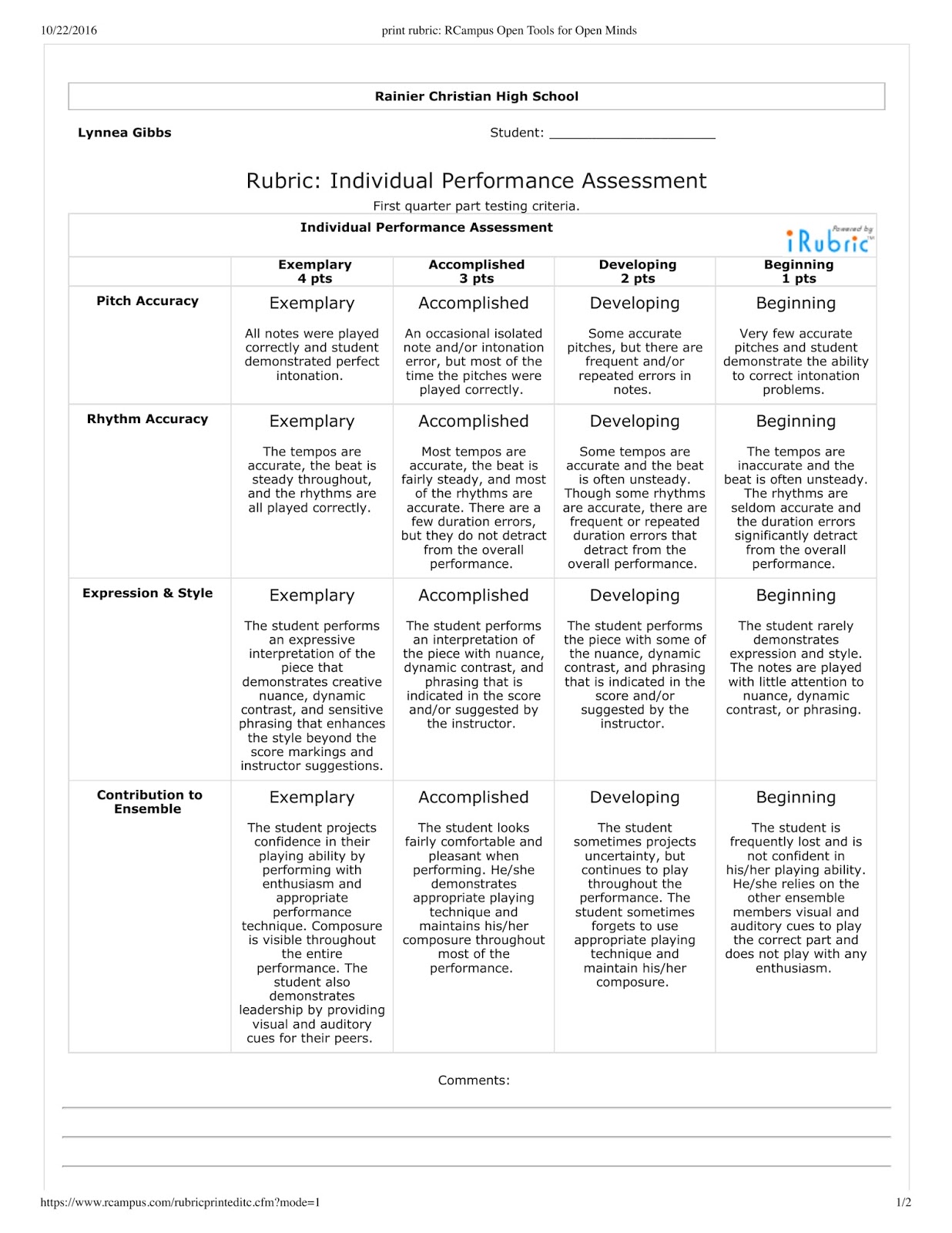 Lynnea Gibbs: Music Teaching Portfolio : Performance Assessment Rubrics