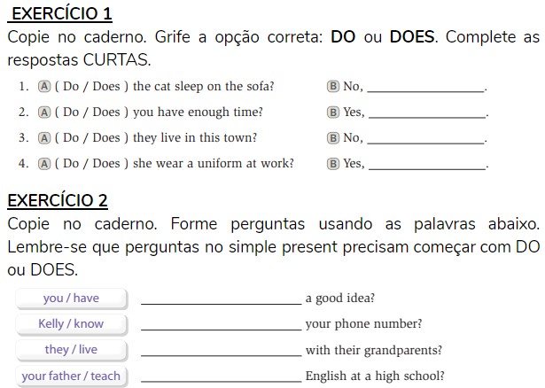 English Activities : DO ou DOES - Exercícios para 8ºano - Questions (sugestão)