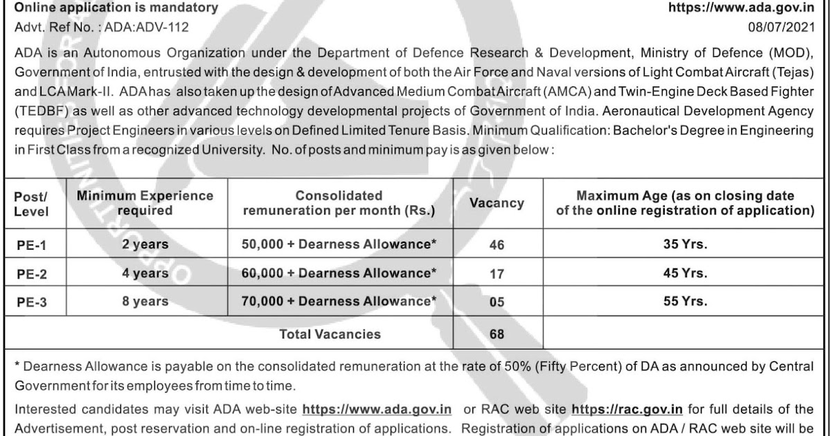 ADA Bangalore Recruitment 2021 Apply Online | 68 Project Engineer Vacancies