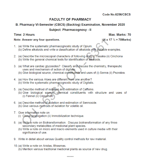 Osmania University B. Pharmacy VI-Semester (CBCS) (Backlog) Subject ...
