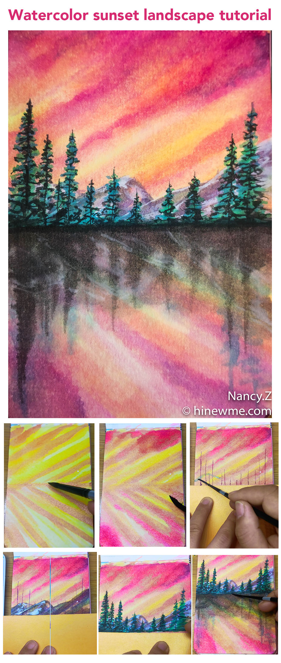 How to draw watercolor pink sunset step by step tutorial easy for begginer