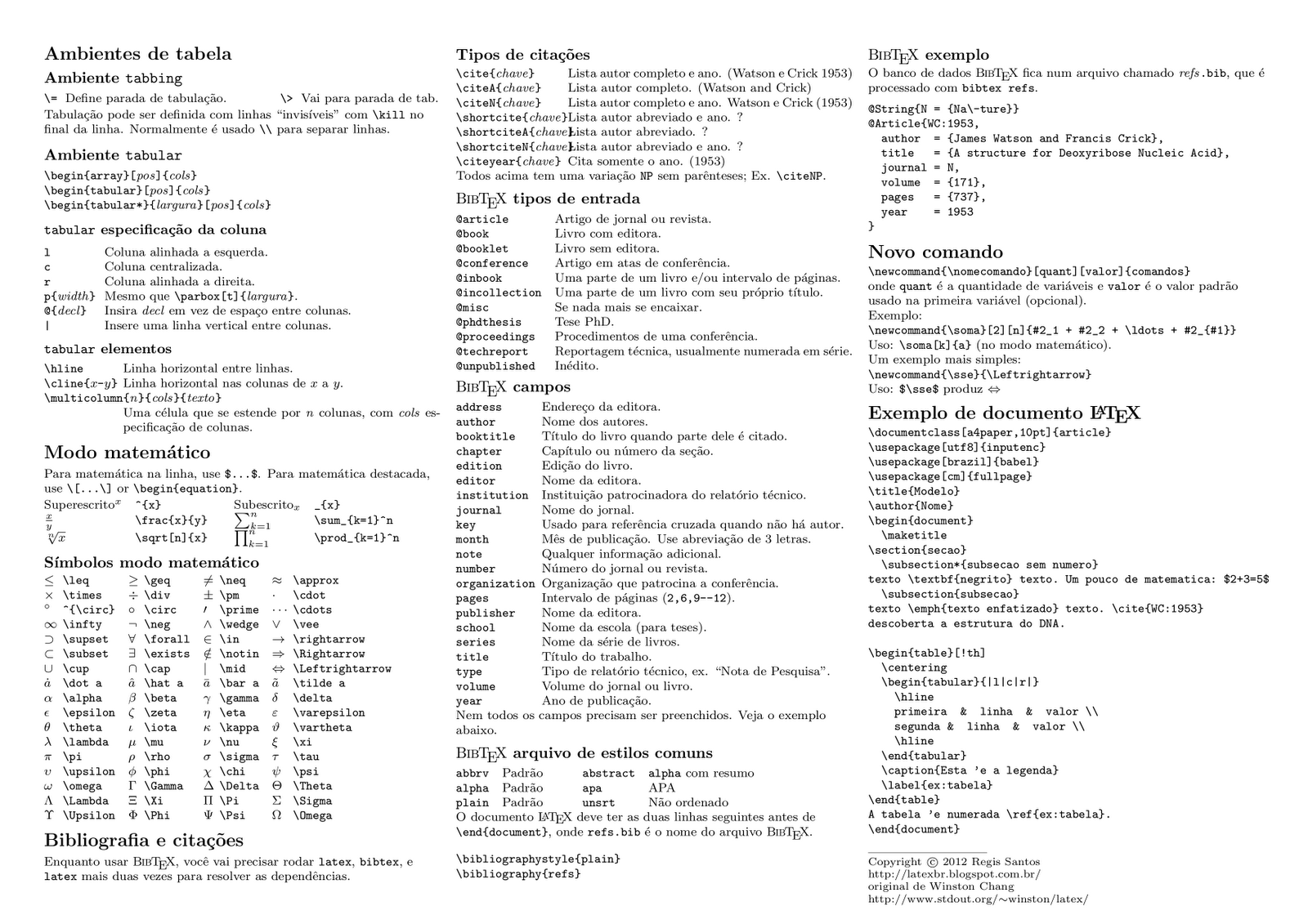 LaTeX BR: Cartão com principais comandos do LaTeX