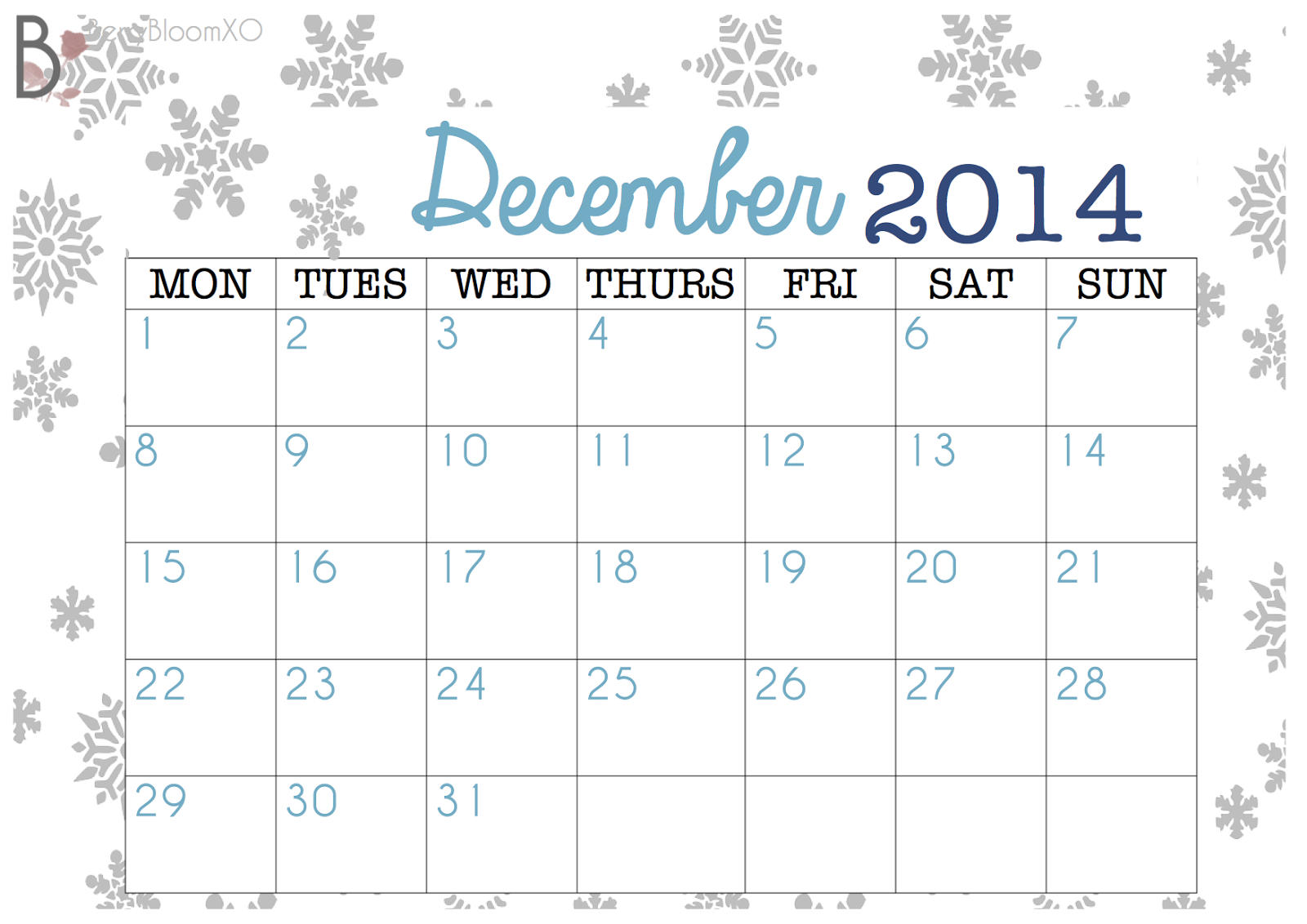 BerryBloomXO: December 2014 Calendar - FREE PRINTABLE BerryBloomXO: December 2014 Calendar - FREE PRINTABLE