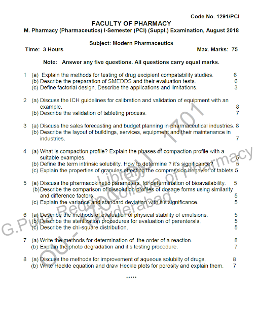 Osmania University M. Pharmacy (pharmaceutics) I-Semester (PCI) (Suppl ...