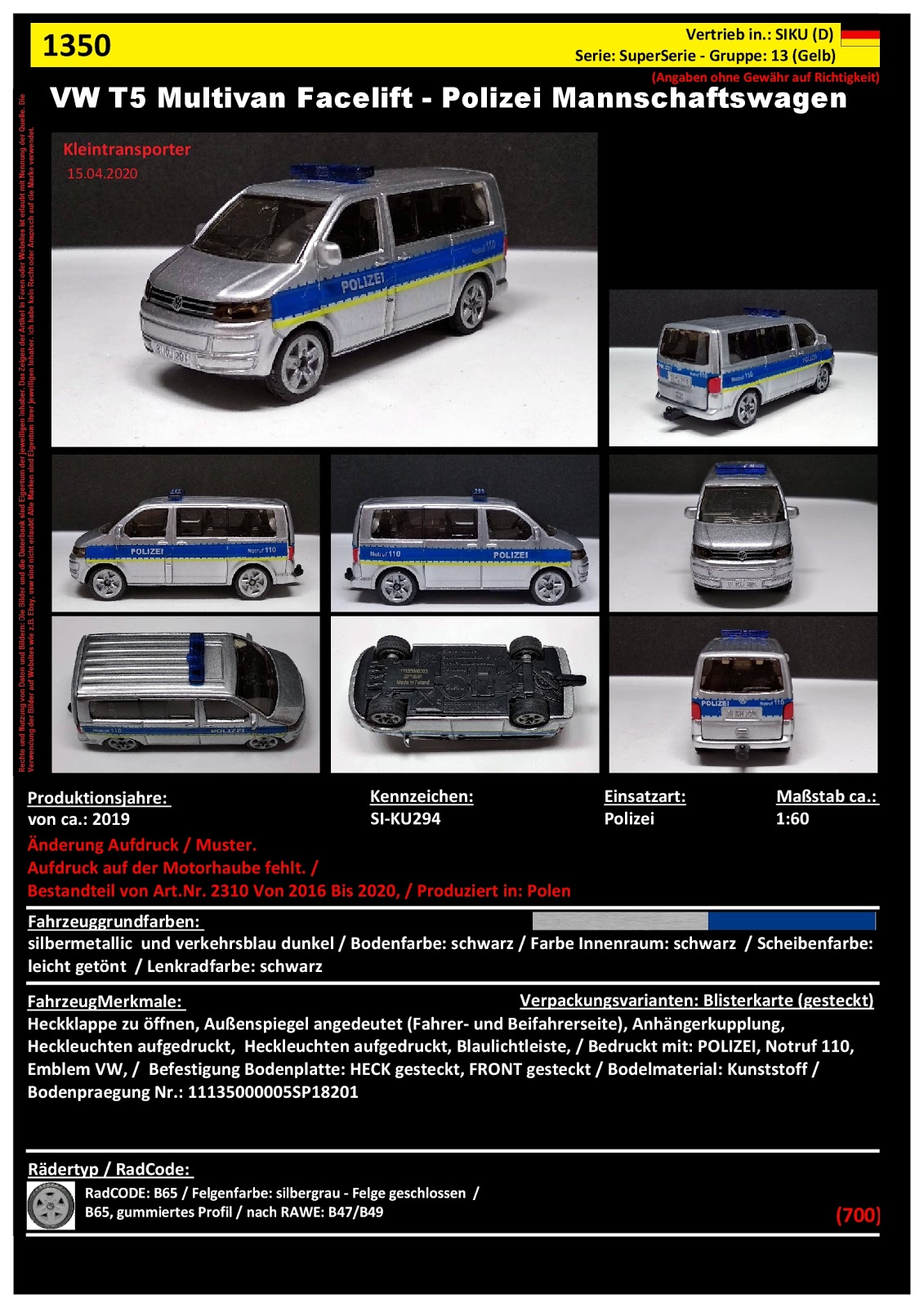 1350 - VW T5 Multivan Facelift - Polizei Mannschaftswagen - von/ab ca.: 2019 - (SIKU SuperSerie)