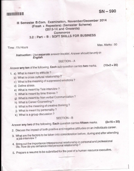 Bangalore University B.Com. COMMERCE 3.2 : PART - B : SOFT SKILLS FOR ...