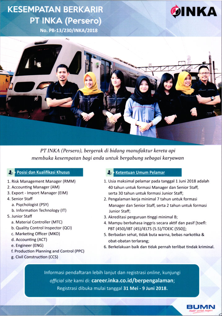 Lowongan Kerja PT INKA (Persero) - Junior & Senior Staff - Juni 2018