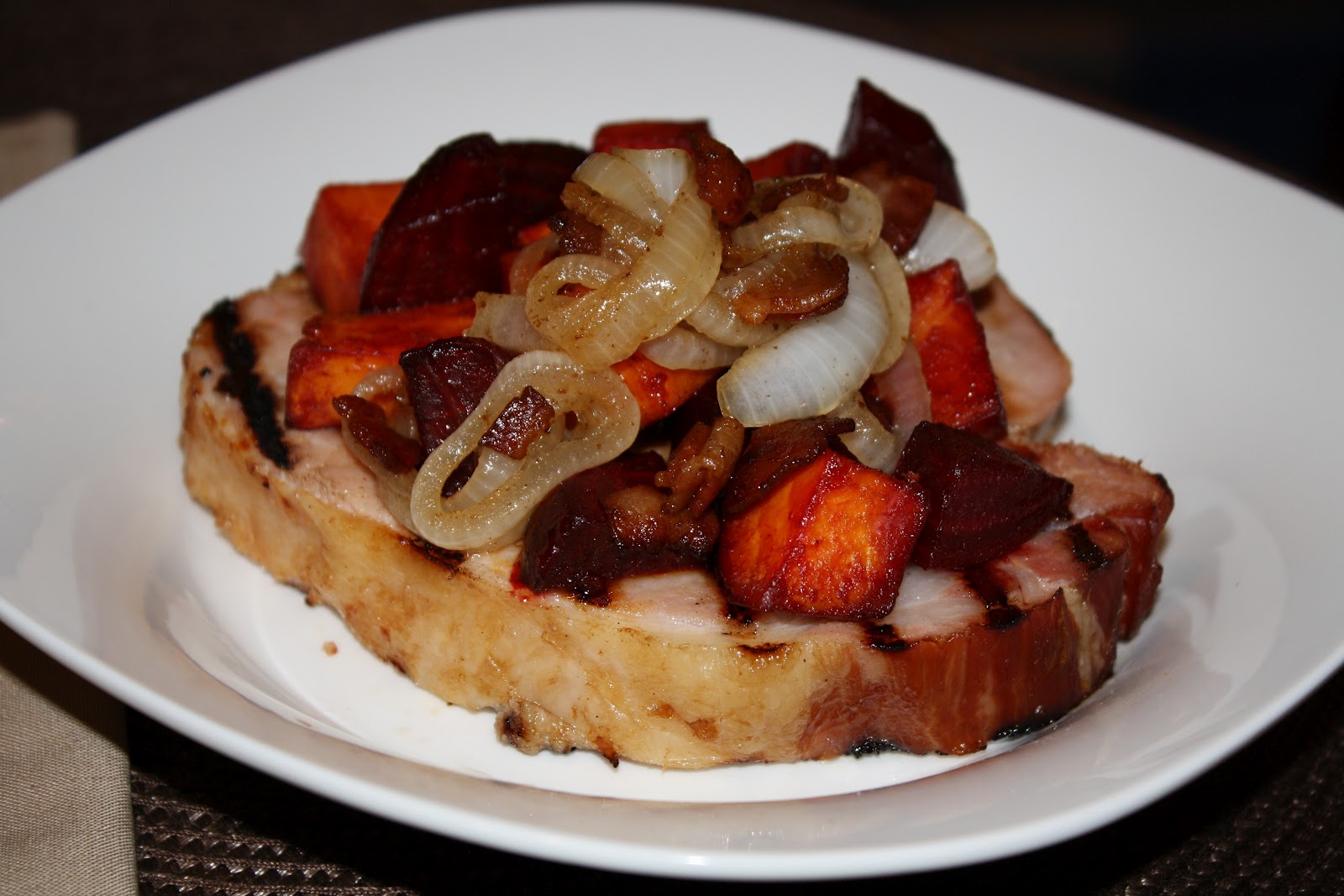 Triple T's Specialty: Spicy Beet & Sweet Potato Smoked Pork Chops