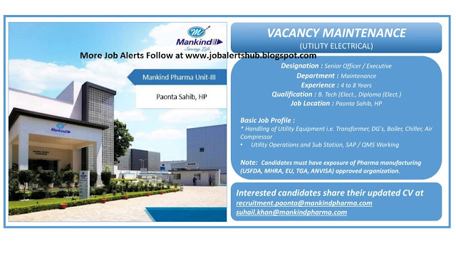 Mankind Pharma Ltd - Urgent Vacancy in Maintenance Department || Apply ...