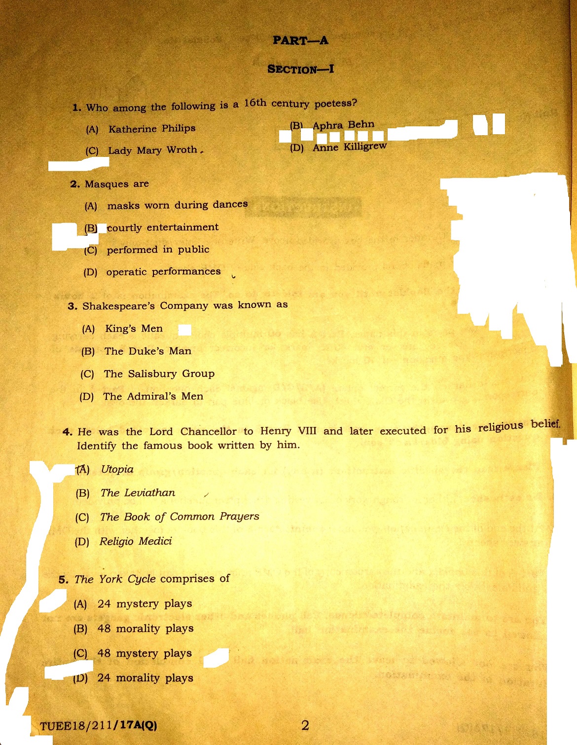 LITERATURE: TUEE QUESTION PAPER 2018 M.A(english)