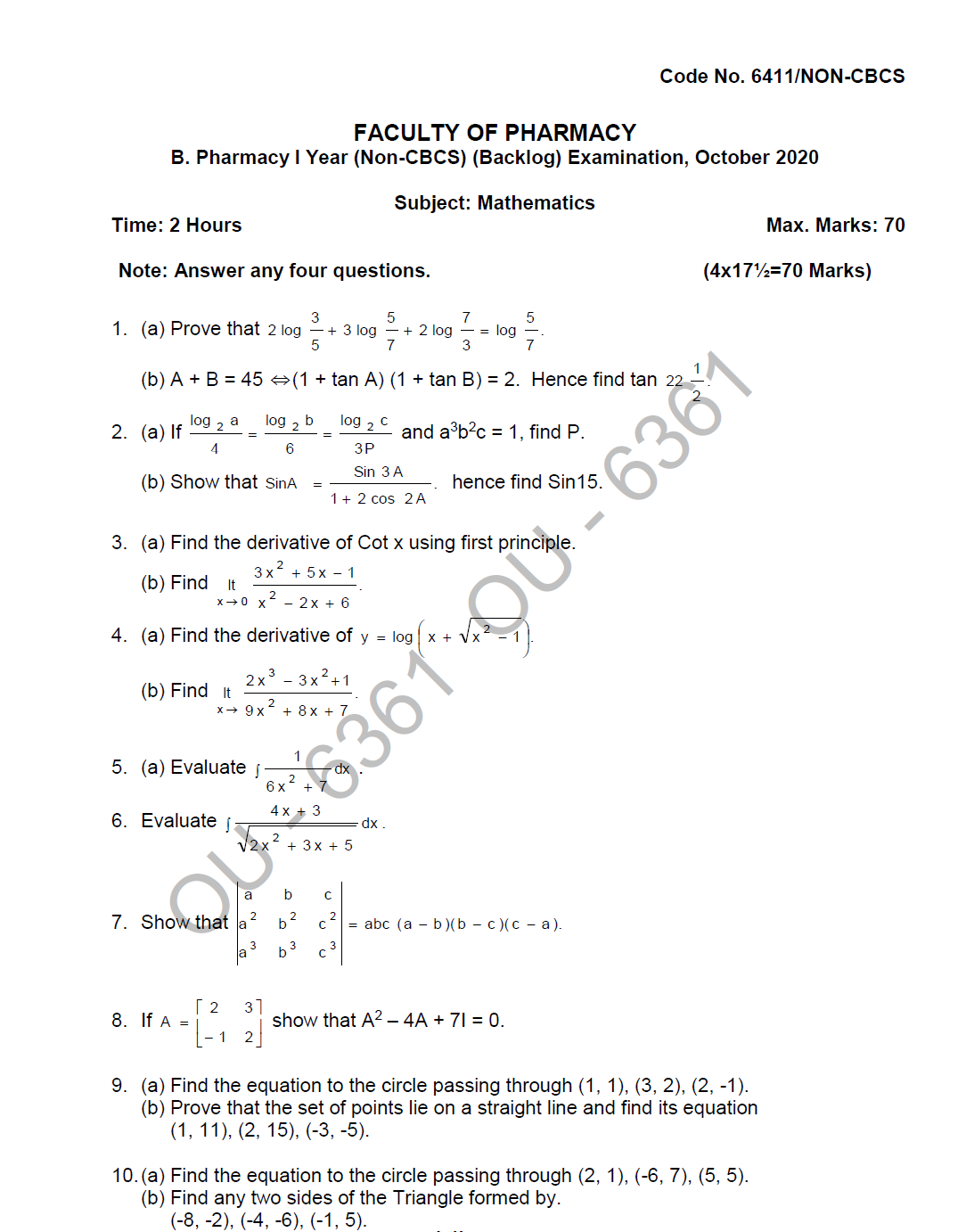 Osmania University B. Pharmacy I Year (NON-CBCS) (Backlog) Subject ...