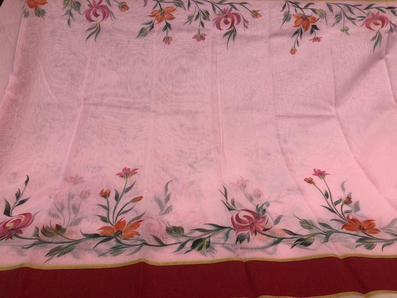 Sohum Sutras: Handprinted Pink Chanderi saree