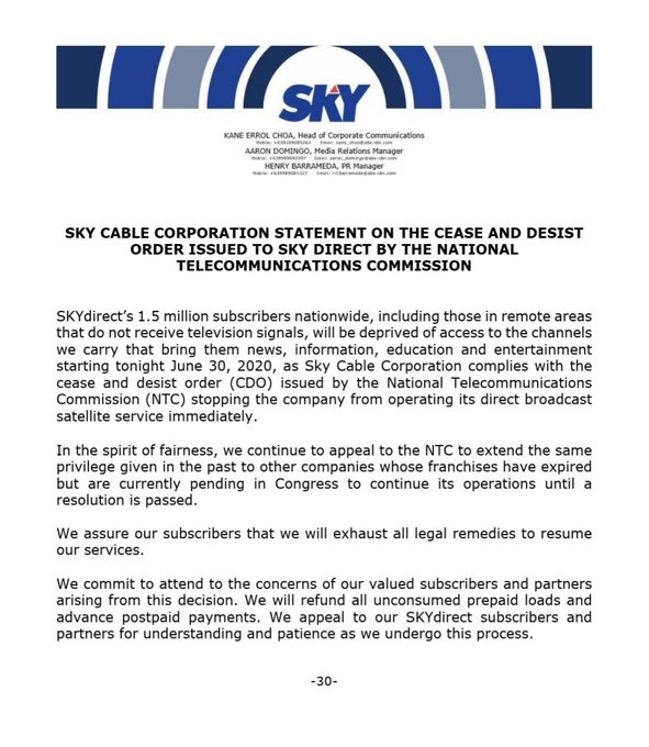 ABS-CBN ordered by NTC to stop its SKY Direct broadcasts