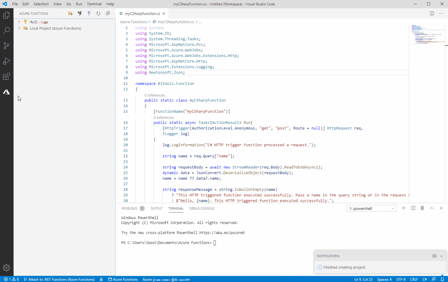 Microsoft BI Tools: Create and deploy a C# Azure Function