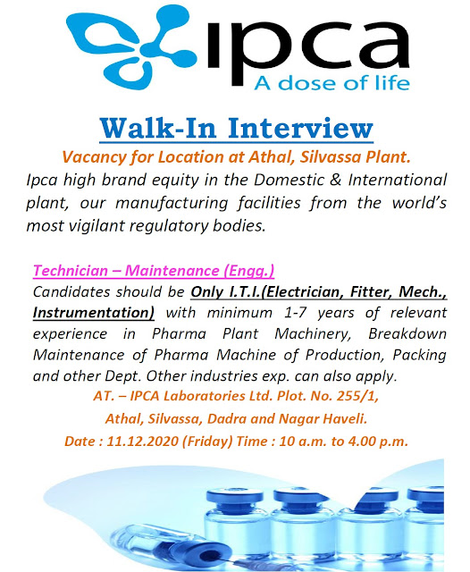 Ipca Laboratories Ltd - Walk-In Interviews on 11th Dec' 2020 - PHARMA WISDOM