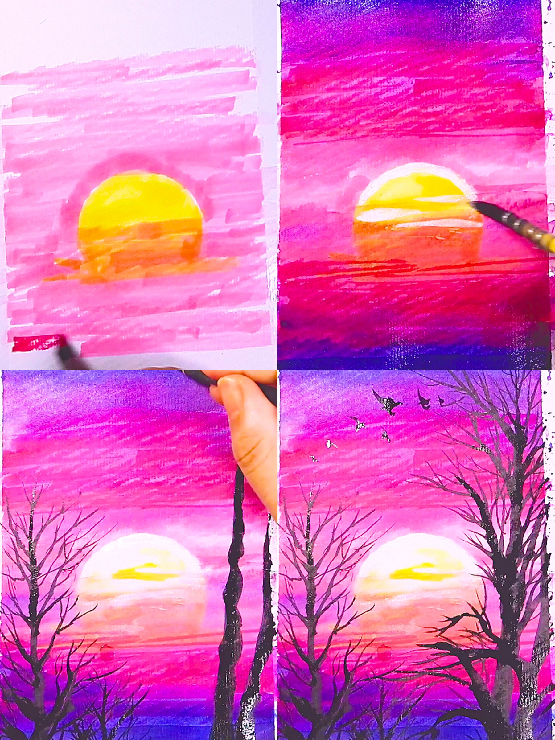 2 How to draw watercolor pink style sunset landscape, come to see my ...
