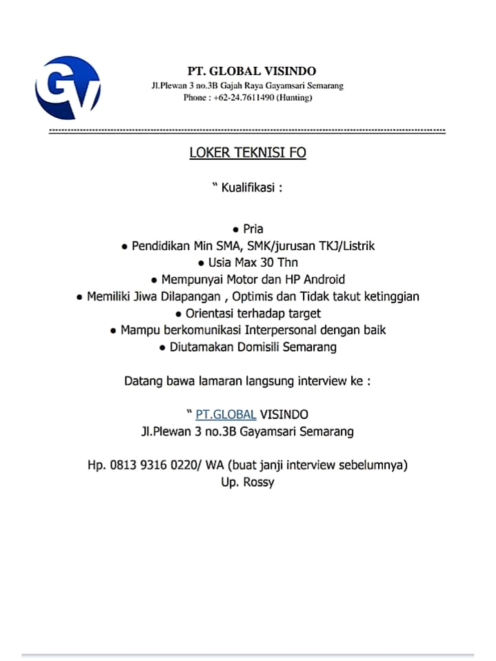 Lowongan Kerja Teknisi Fiber Optik PT. Global Visindo Semarang ... Lowongan Kerja Teknisi Fiber Optik PT. Global Visindo Semarang ...