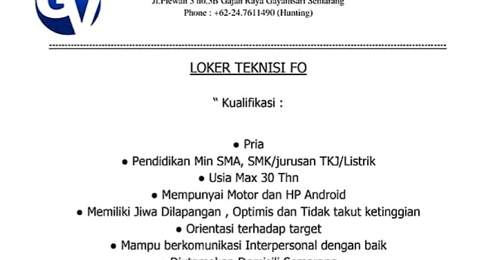 Lowongan Kerja Teknisi Fiber Optik PT. Global Visindo Semarang ... Lowongan Kerja Teknisi Fiber Optik PT. Global Visindo Semarang ...