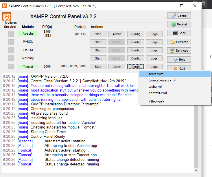 Cambiar puertos Apache y Tomcat en el Xampp