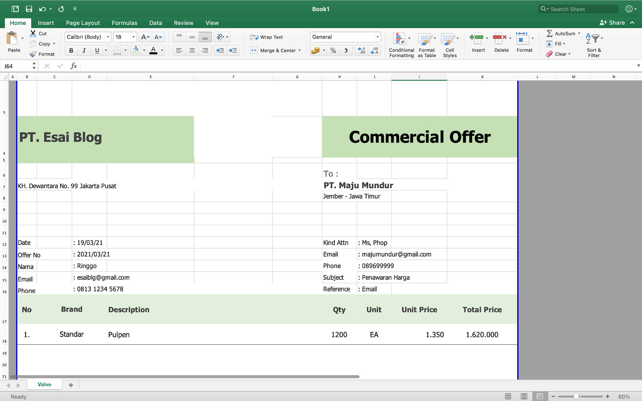 Contoh Penawaran Harga di Excel - Esai Blog