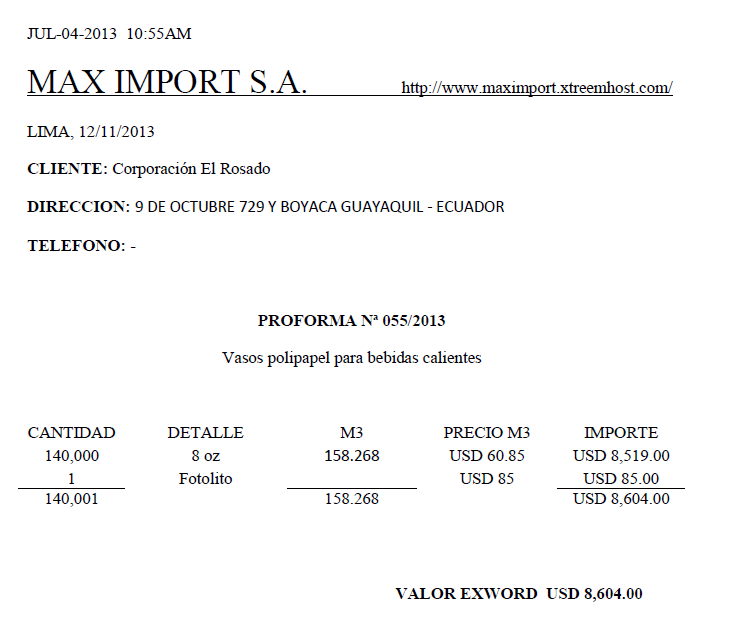 Vasos de Carton Corrugado : FACTURA COMERCIAL / PACKING LIST / PROFORMA