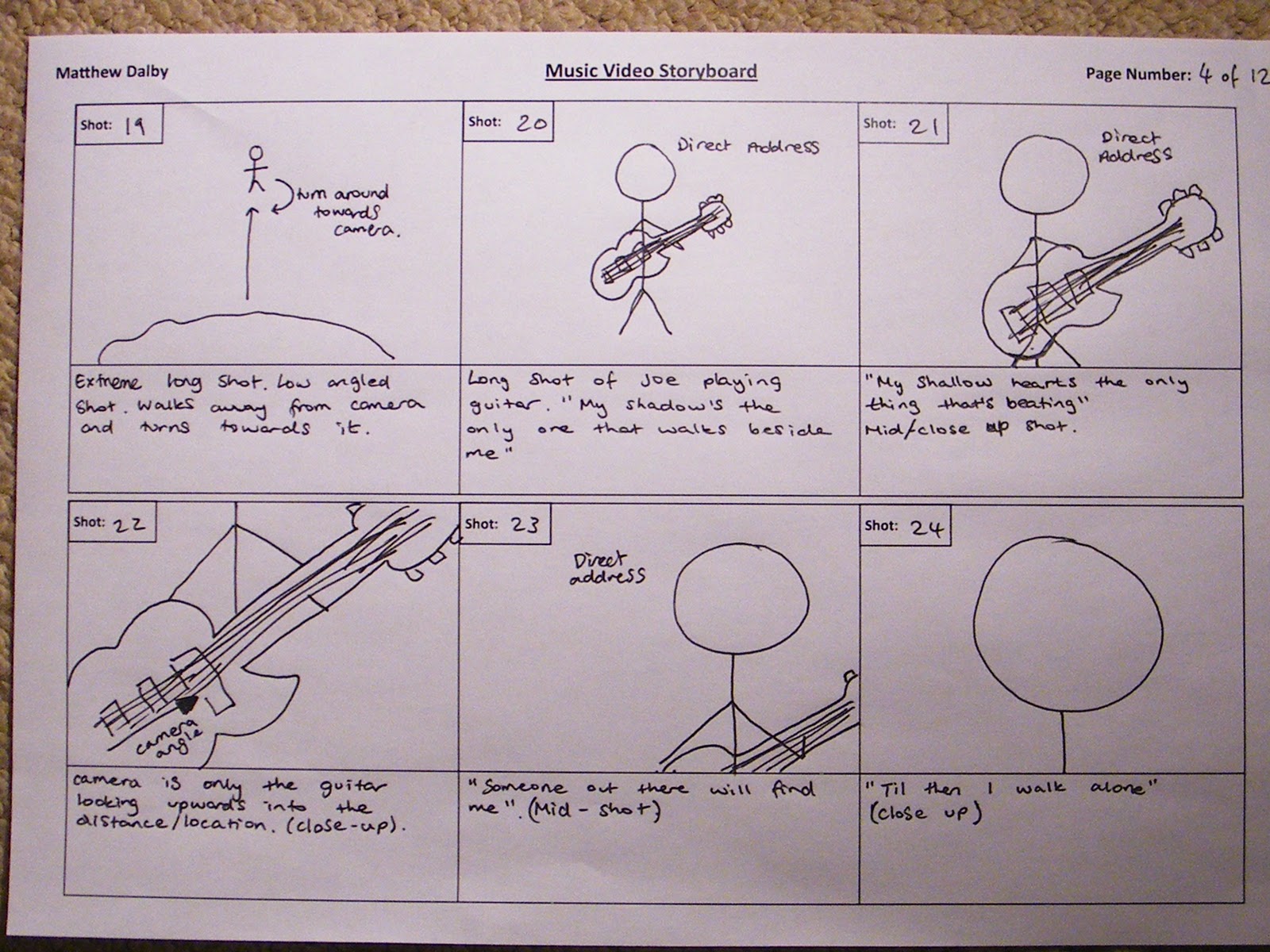 Matthew Dalby A2 Coursework: Storyboard – Music Video