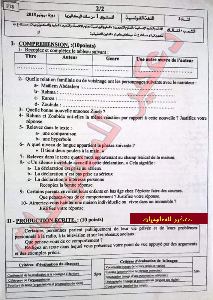 امتحان جهوي 2018 مادة اللغة الفرنسية أولى باك دعكير للمعلوميات