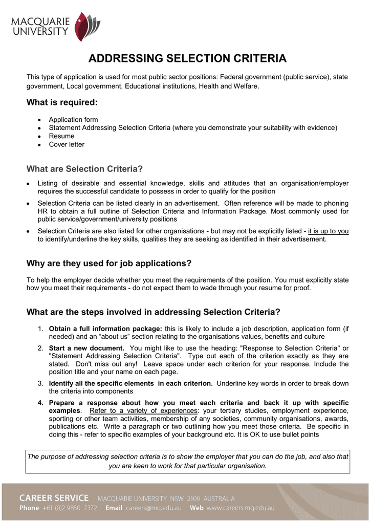 Cover Letter With Selection Criteria ~ Resume Letter