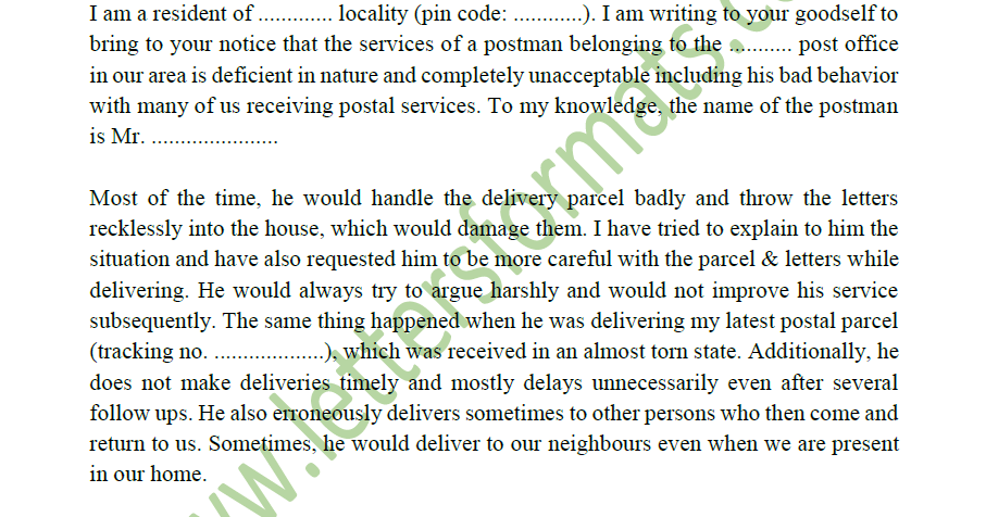 Letter to Postmaster Complaining against a Postman (Sample)