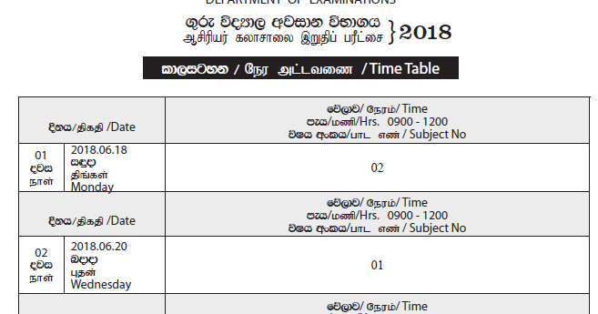 Time Table for Teacher's College Final Exam - Teacher