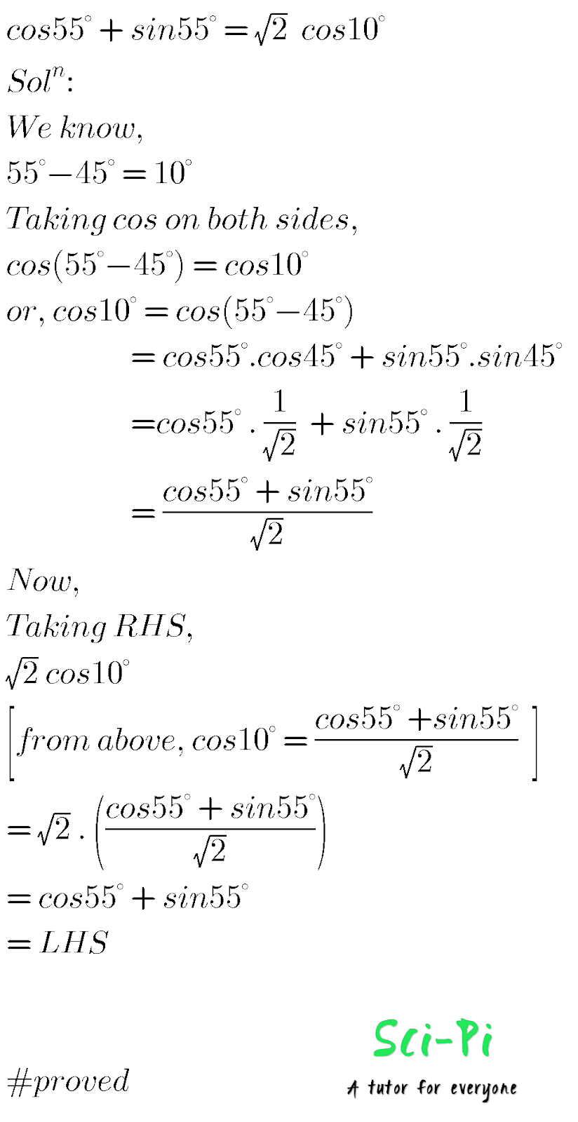 cos55° + sin55° = √2 cos10° | Prove | Trigonometric Ratios of Compound ...