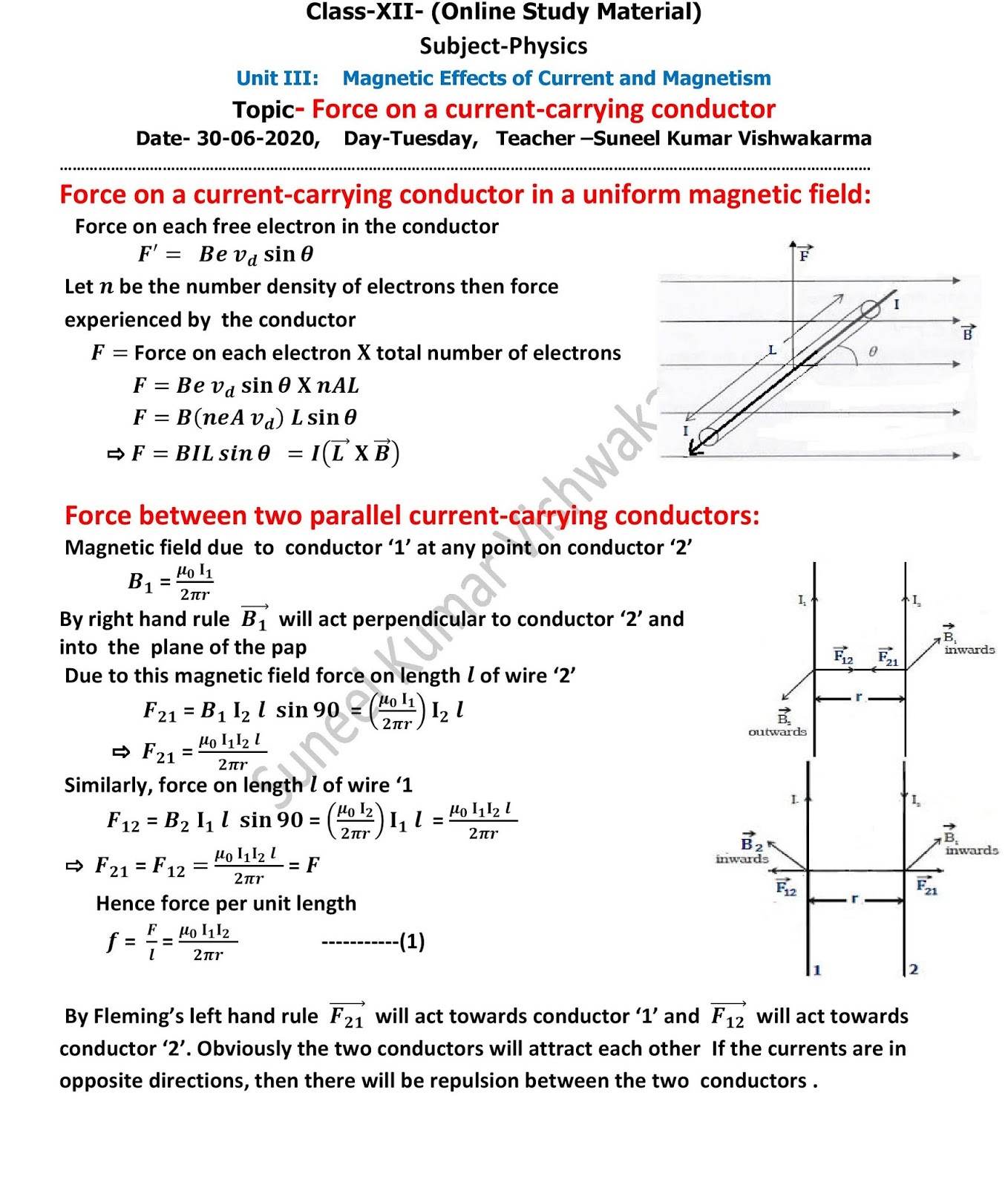 Force between two parallel current-carrying conductors