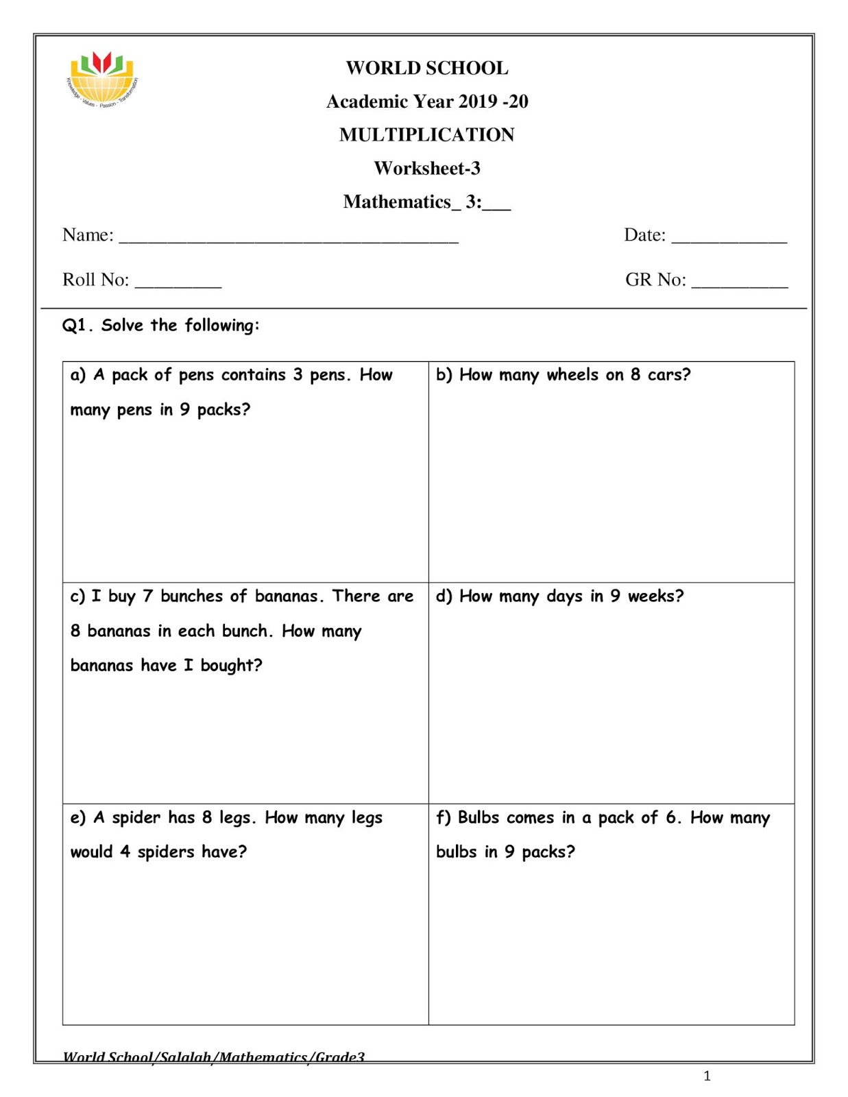 Birla World School Oman: Homework for Grade 3 as on 25/03/2020