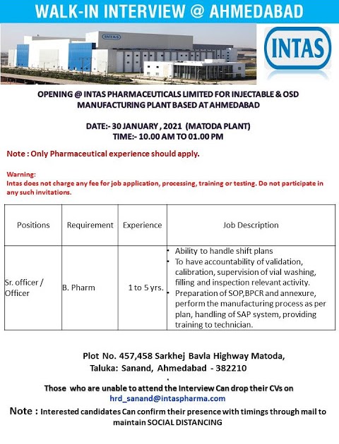 INTAS PHARMACEUTICALS LIMITED | WALK IN INTERVIEW FOR OFFICER/ SR ...